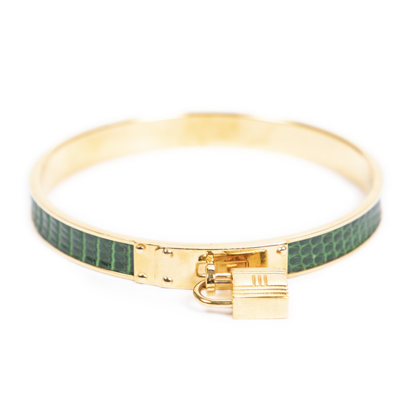 Hermes | Jewelry | Herms Kelly Lock Bangle In Greengold Lizard Leather ...